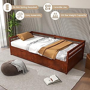 KOMFOTT Wood Daybed with Trundle, Extendable Twin to King Daybed Frame with 2 Storage Drawers, Space Saving Dual-use Sofa Daybed for Bedroom, Guest Room, No Box Spring Required (Walnut)