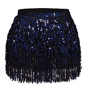 Belly Dance Hip Scarf Sequin Tassel Skirt Performance Outfits Sparkly Fringe Skirt Wrap Halloween Costume Party Rave Festival Clothing for Women and Girls, Black