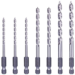 NordWolf 7-Piece HSS Brad Point Wood Drill Bit Set with 1/4" Hex Shank for Carpenter Woodworking, SAE Sizes 1/8"(x3)-3/16"(x2)-1/4"(x2)