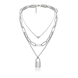Salircon Silver Layered Necklace Aesthetic Punk Jewelry Lock and Key Thick Trendy Chain Necklaces for Women Men Edgy Jewelry (Silver Heart Lock Necklace)