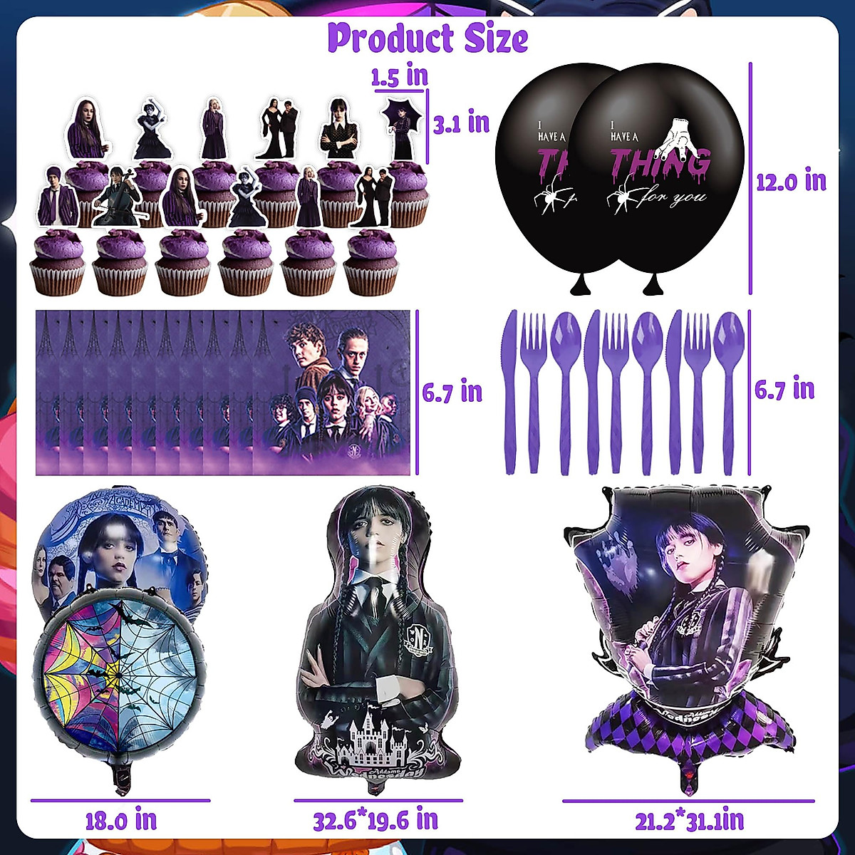 Wednesday Inspire Birthday Party Decorations, Wednesday Inspire Party Supplies Set Include Banner, Backdrop, Foil Latex Balloons, Tablecloth, Cake Toppers, Tableware, Wednesday Inspire Party Favors