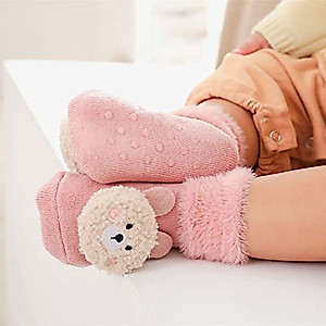 Lykmera Children Toddler Autumn Winter Boys Girls Floor Socks Non Slip Plush Warm Cute Cartoon Bear Rabbit Shoes Socks (Pink, 6-12 Months)