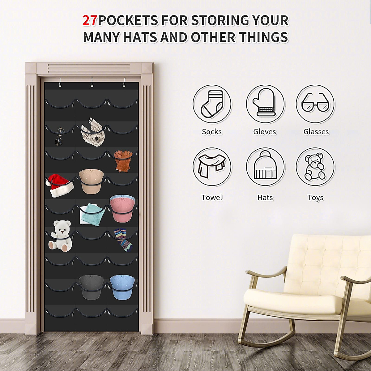 Hat Rack for Baseball Caps, 27 Pockets Over The Door Baseball Hat Organizer, Fitted Hat Storage for Closet Wall Mount Bag With Large Pockets & 3 Hooks, Hat Holder Hanger Organization to Display Caps