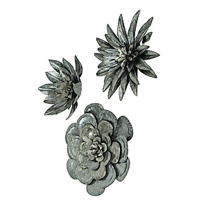 Zeckos Set of 3 Galvanized Metal Flower Wall Hanging Sculptures Home Decor Floral Art 10 Inches High - Nature Accents for Country or Farmhouse - Easy Install