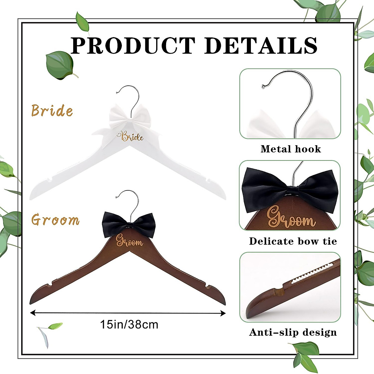 Ahzemepinyo 2 Pcs Bride and Groom Wedding Dress Hanger Wooden Wedding Hanger with Bow Tie Mr and Mrs Hangers Bride to Be Wedding Dress Hanger Wooden Hangers Wedding Gift Bridal Party Shower Gift