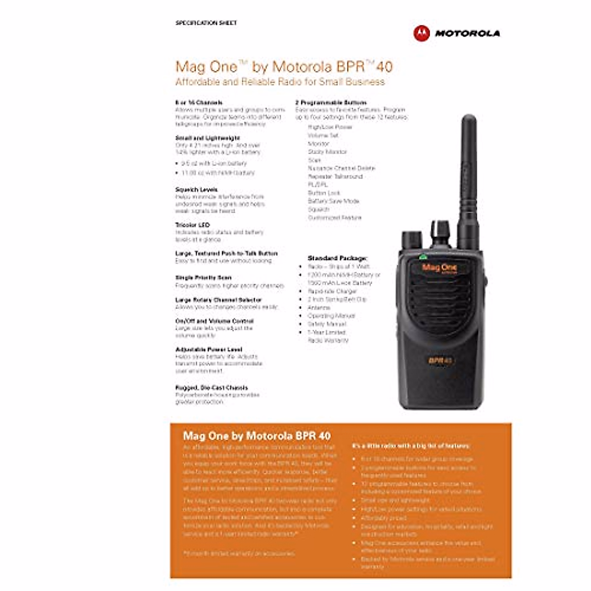 Motorola Mag One BPR40 4 Watt UHF Two Way Radio (450-470 MHz) AAH84RCS8AA1AN