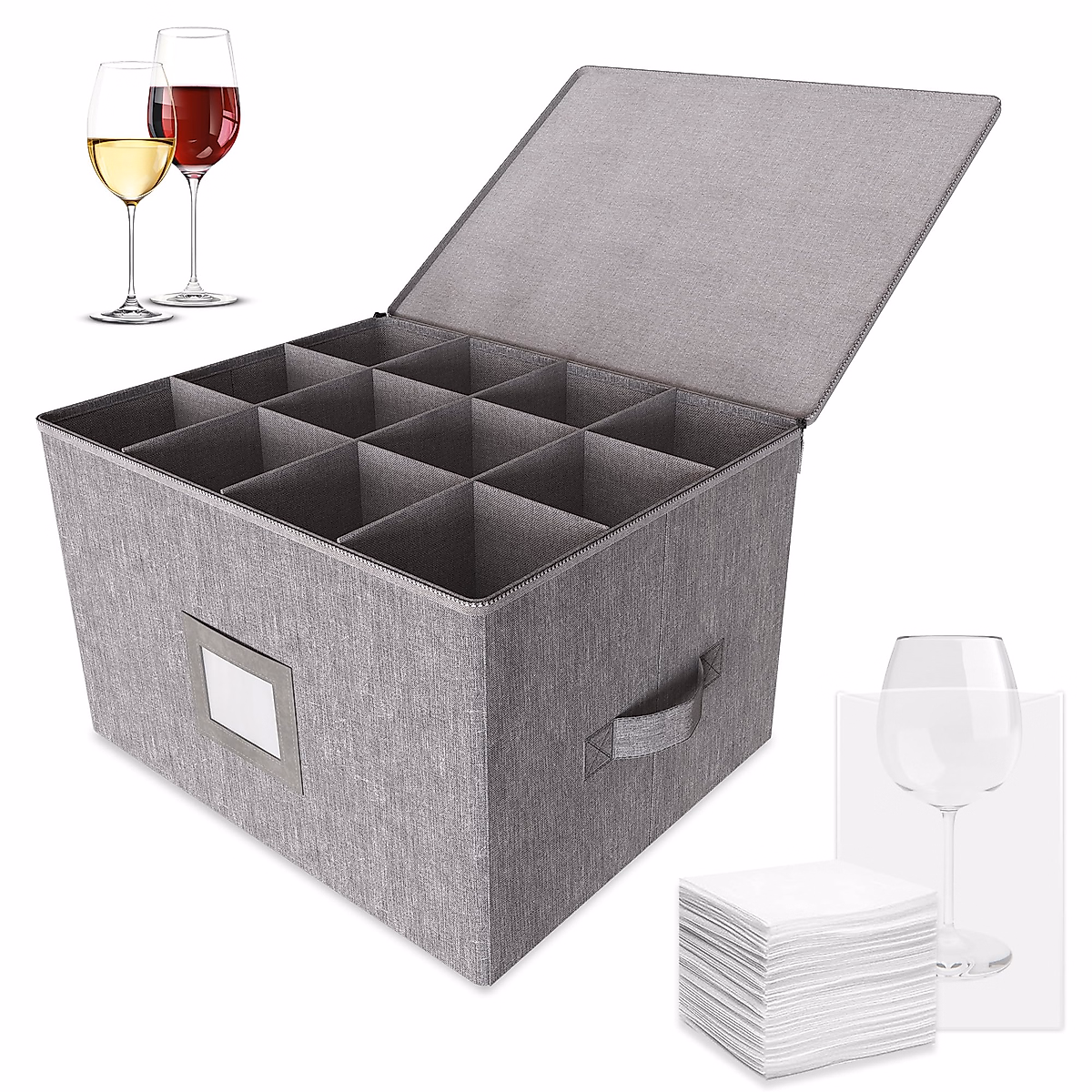 CLH Wine Glass Storage and 12 Foam Pouches, China Storage Containers, Hard Case with Dividers, Moving boxes for Glasses Kitchen storage, Stemware Storage Containers, Stackable