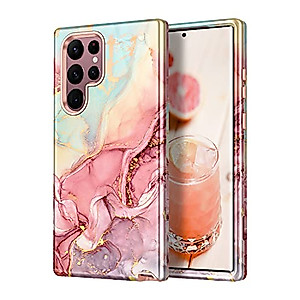 Btscase Case for Samsung Galaxy S22 Ultra 5G , Marble Pattern 3 in 1 Heavy Duty Shockproof Full Body Rugged Hard PC+Soft Silicone Drop Protective Women Girl Covers , Rose Gold