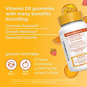 MaryRuth Organics Vitamin D3 Gummies, 2 Month Supply, Adults & Kids Gummies, Immune Support Supplement, Vitamin D3 1000IU for Bone Health & Muscle Function, Vegan, Non-GMO, Gluten Free, 60 Count