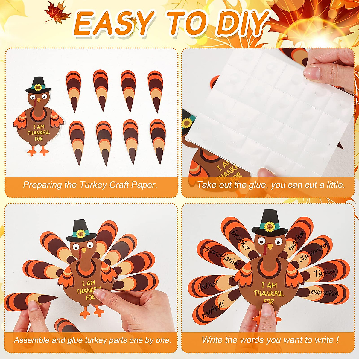 Sabary Thanksgiving Crafts Thanksgiving Turkey Craft Kit Toddler Thanksgiving Crafts DIY Make a Turkey for Festive Fall Thanksgiving Party Door Hanging Ornament Decorations, 6 Style(24 Sets)
