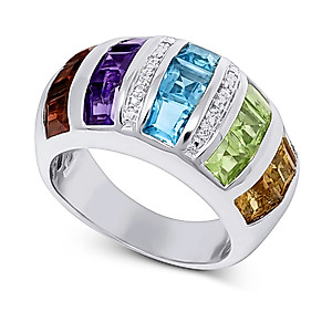 KOKAV 925 Sterling Silver Multi Genuine Gemstones Statement Ring with Diamonds. Size 7