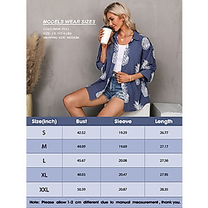 ZXZY Women Pineapple Printed Lapel Collar Half Sleeves Buttons Down Blouse Shirt (Blue, Large)