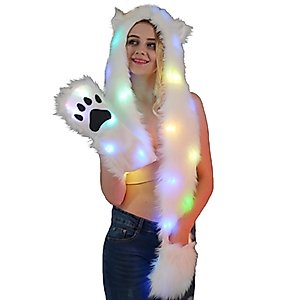 HomDSim Anime Spirit Animal Hood Hoods Furry Hoodie,RGB Led Stripe Light Up Rainbow Flashing Control,Faux Fur Hat with Warm Scarf Mittens Gloves Spirit Ears and Paws 3-in-1