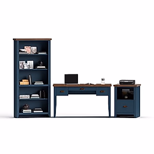 Bridgevine Home Desk, Nantucket Modern Farmhouse 3-Drawer Writing Desk, Small Desk 53 Inches, Fully Assembled Wooden Desk with Drawers, Poplar Solid Wood Desk, Blue Denim and Whiskey Finish