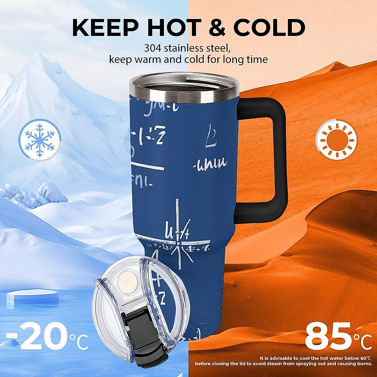 YTLKGFP 40 Oz Large Capacity Car Cup Math Formula Tumbler with Handle (Black) Straw Lid Insulated Stainless Steel Water Bottle Travel Mug Leak-proof Car Cup Keeps Cold Or Hot