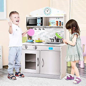 Fireflowery Kids Kitchen Playset, Wooden Cookware Set with Removable Sink, Microwave, Pegs on The Wall, Top Display Shelf, Play Kitchen for Toddlers 3+ (White)