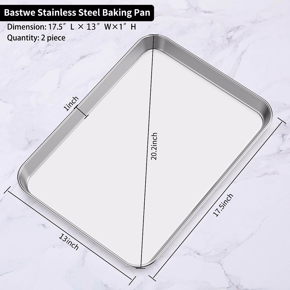 Baking Sheet Set of 2, Bastwe 18 inch Commercial Grade Stainless Steel Baking Pan, Professional Bakeware Oven Tray, Healthy & Non-toxic, Rust Free & Mirror Finish, Easy Clean & Dishwasher Safe