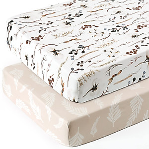 Stretch Ultra Soft Jersey Knit Fitted Crib Sheets Set 2 Pack, Fits All Standard Crib Mattress Pads Safe and Snug, Stylish Pretty Flora for Baby, Beige