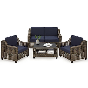 EROMMY 4 Pieces Patio Furniture Set Sofa Couch with Cushions and HDPE Table Top, Handwoven PE Wicker Rattan Patio Furniture Set for Patio, Garden, Yard, Pool, Brown and Blue