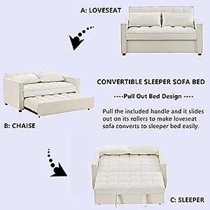 Infirleo Pull Out Sofa Sleeper, 3-in-1 Convertible Sleeper Sofa Bed for Living Room Apartment, 58" Velvet Sleeper Loveseat Pull Out Bed, Adjustable Backrest, 2 Pillows and Side Pockets (Beige)