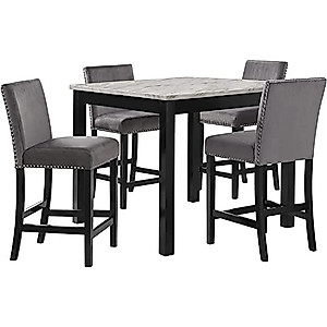 New Classic Furniture Celeste Faux Marble Counter Dining Table with Four Chairs, 5-Piece, Gray