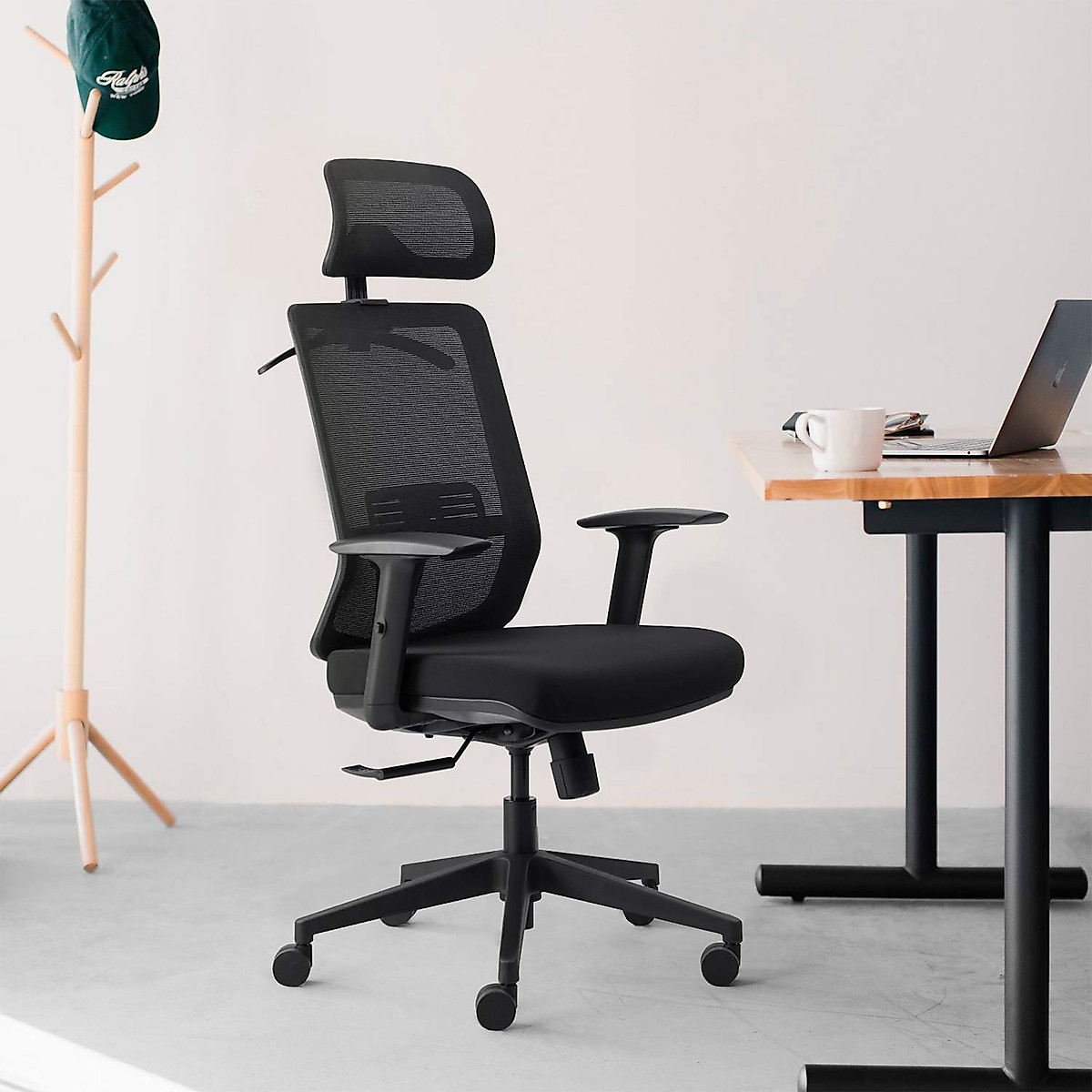 Furmax Ergonomic Office Chair, High Back Desk Chair with Adjustable Headrest, Lumbar Support and Armrests, Mesh Computer Chair with Clothes Hanger (Black)