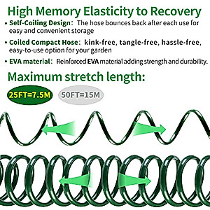 Yereen Coil Garden Hose 25FT, EVA Recoil Garden Hose, Heavy Duty Self-coiling Hose Coil with Corrosion-resistant Solid Brass Fittings, Retractable Collapsible Water Hose with 7 Function Water Sprayer
