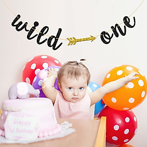 Black Glitter Wild One Banner with Arrow, Happy 1st Birthday Party Decorations, One Year Old Party Bunting Photo Props Party Supplies