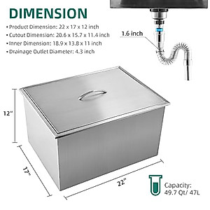 YITAHOME Drop in Ice Chest 47L/ 49.7Qt, 22''L x 17''W x 12''H with Cover, 304 Stainless Steel Drop in Cooler, Drop in Ice Bin for Cold Wine Beer, Included Drain pipe and Drain Plug