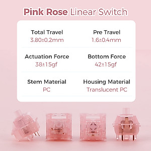 KiiBoom Linear 38gf Pink Rose Mechanical Keyboard Switch, 5 Pin Keyboard Switch with PC Stem, Translucent PC Housing, 35 Pieces for Gaming DIY Keyboard