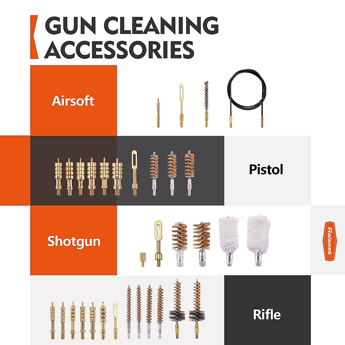 Raiseek Gun Cleaning Kit Rifle Pistol Shotgun Universal Cleaning Kit for 20GA 12GA .45 .40 .357/.380/.38/9MM .338 .325/8mm .30/7.62MM .270 .250 .243 .22 .17 All Calibers (Brass Jags-Orange)