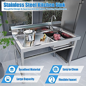 DHBREK Single Compartment Kitchen Sink Commercial Restaurant Sink 47" Stainless Steel Utility Sink Drain Board Commercial Square Kitchen Sink for Restaurant Home(Type 2)