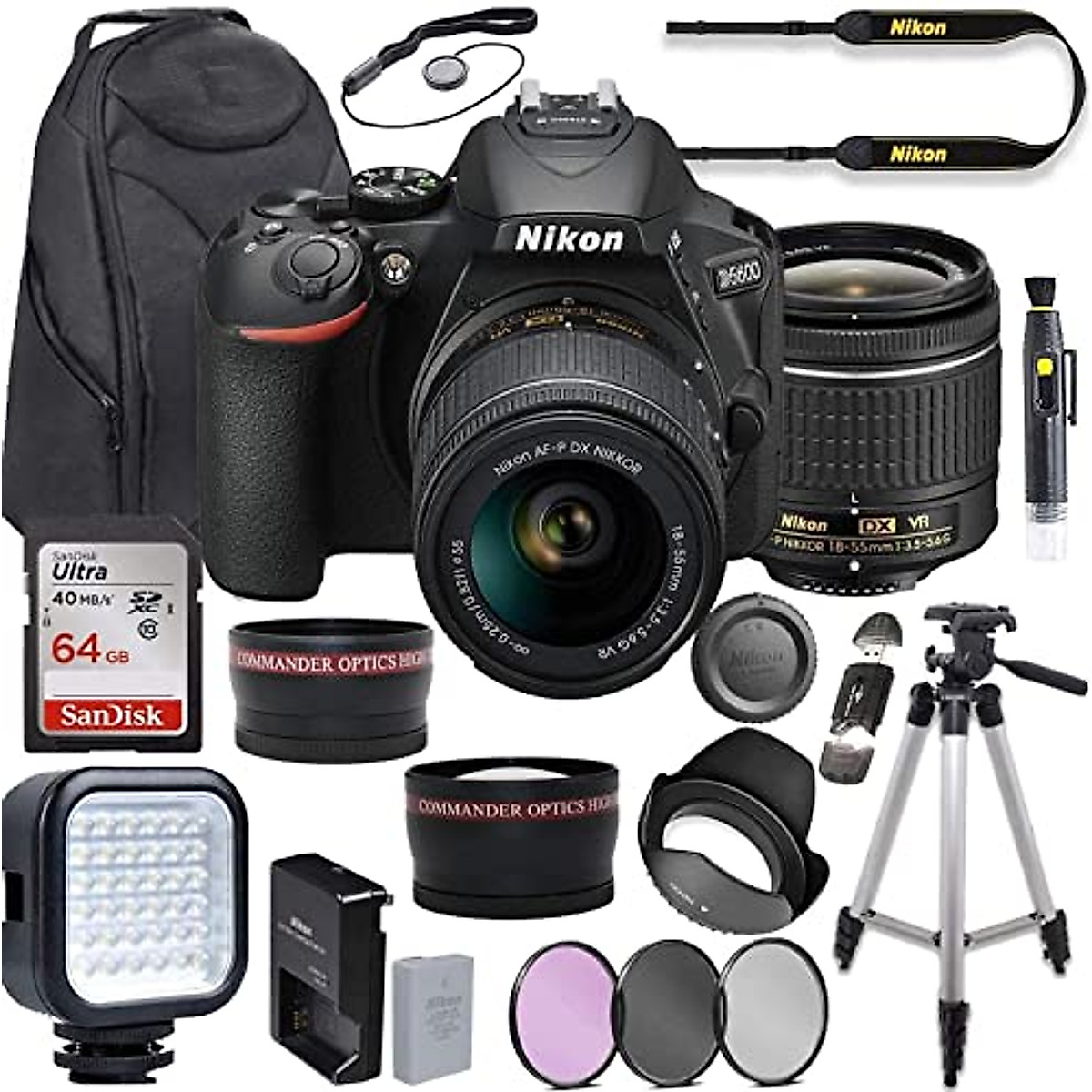 Nikon D5600 DSLR Camera Video Kit with AF-P 18-55mm VR Lens + LED Light + Deluxe Backpack + 64GB Memory + Professional Photo Accessories (19 Items) (Renewed)