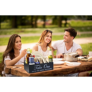 Rehuei Paper Plate Holder Utensil Caddy Organizer - Rustic Wood Disposable Plate Dispenser with Handles for Cups, Forks, Spoons, Napkins and Silverware Holders (handle paper plate holder)