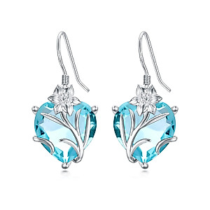 TOUPOP March Birth Flower Earrings 925 Sterling Silver Daffodils Floral Dangle Drop Hooks Earrings with Heart Aquamarine Birthstone Birthday Birth Moth Flower Jewelry Gifts for Women