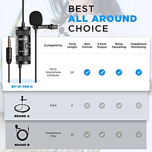 BOYA Lavalier Lapel Microphone - No Battery, by-M1 Pro ll Omnidirectional Condenser Mic for iPhone Camera Android PC Windows - for YouTube, Interview, Video Recording 19.6ft
