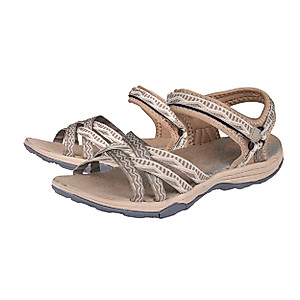 GRITION Women Hiking Sandals Girls Outdoor Sport Water Shoes Summer Flat Cross-Tied Sandals Open Toe Adjustable Walking Shoes Black Pink Gray Sand (9 US/39 EU, Coffee/Sand)