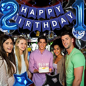 YUNXUAN 21st Birthday Decorations, 21st Birthday Decorations for Him, Happy Birthday Banner Blue Number 21 Foil Balloon for 21st Anniversary Decorations Birthday Party Backdrop