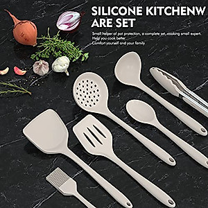 Dishwasher Safe Silicone Cooking Utensils Set - 446°F Heat Resistant Basic Silicone Kitchen Utensils,Turner Tongs, Spatula, Spoon, Brush, Whisk, Gadgets Tools for Nonstick Cookware (BPA Free - Khaki)