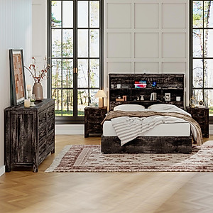 LUXOAK Bedroom Dresser and Nightstand 3 Piece Set, 1 X Wood Rustic 6 Drawer Storage Dresser, Nightstand Set of 2 with Charging Station, Farmhouse Bedroom Furniture Set, Dark Rustic Oak