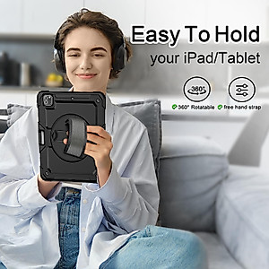 iPad Pro 12.9 inch Case 2022-2018 with 9H Tempered Glass Screen Protector, Ambison iPad pro 12.9 6th/5th/4th/3rd Generation Case Full Body Protective & 360° Rotatable Kickstand & Hand Strap(Black)