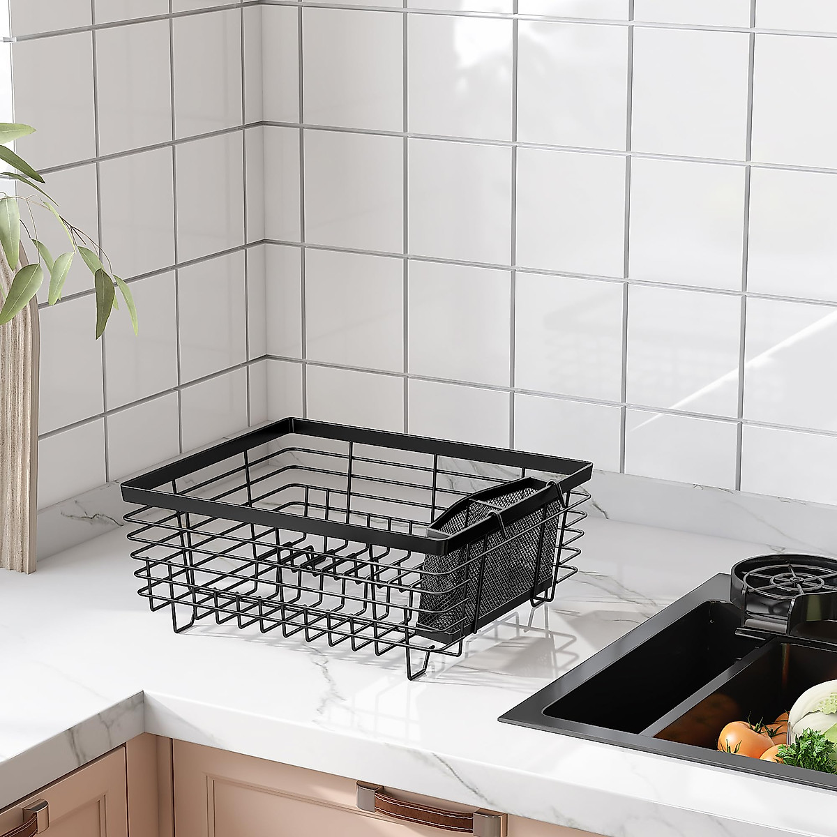 TQVAI Kitchen Dish Drying Rack Metal Dish Drainer with Full-Mesh Silverware Utensils Basket Holder, Black