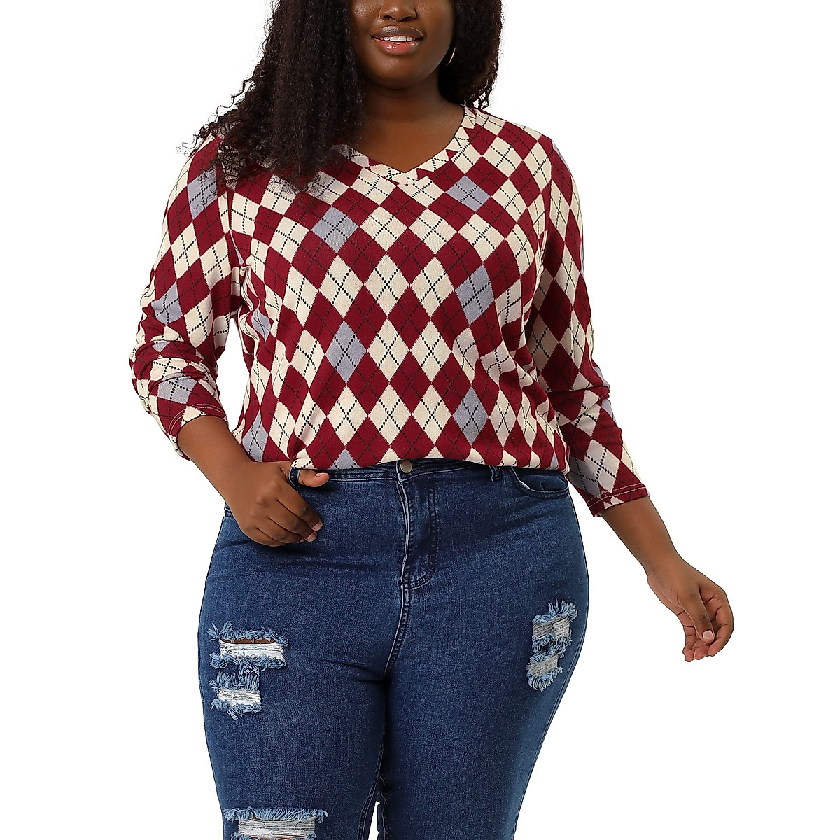 Agnes Orinda Plus Size Knit Tops for Women Argyle Plaid V Neck Long Sleeve Pullover Homecoming T Shirt 4X Red