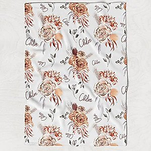 Stork Wares Boho Caramel Floral Personalized Baby Girl Swaddle Blanket, White, 30x40', (BB335)