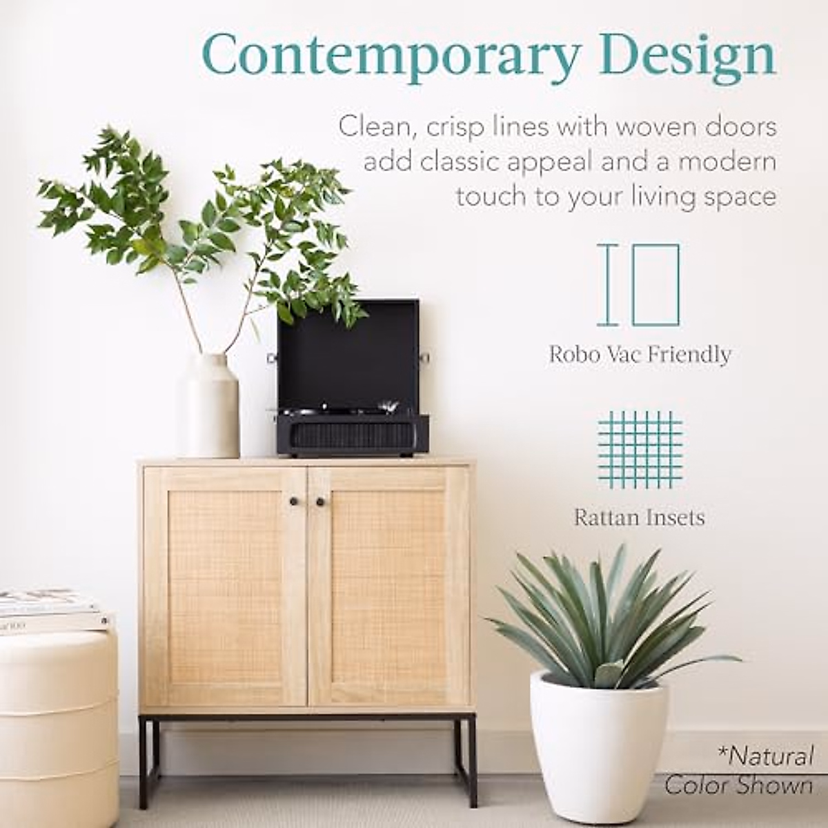 Best Choice Products 2-Door Rattan Storage Cabinet, Accent Furniture, Multifunctional Cupboard for Living Room, Hallway, Kitchen, Sideboard, Buffet Table w/Non-Scratch Foot Pads - White