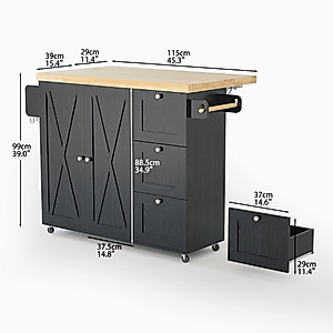 IRONCK Rolling Kitchen Island Cart with Drop-Leaf Countertop, Barn 3Drawers, Barn Door Style Cabine,Thicker Rubberwood Top, Spice Rack, on Wheels, for Kitchen and Dining Room, Black