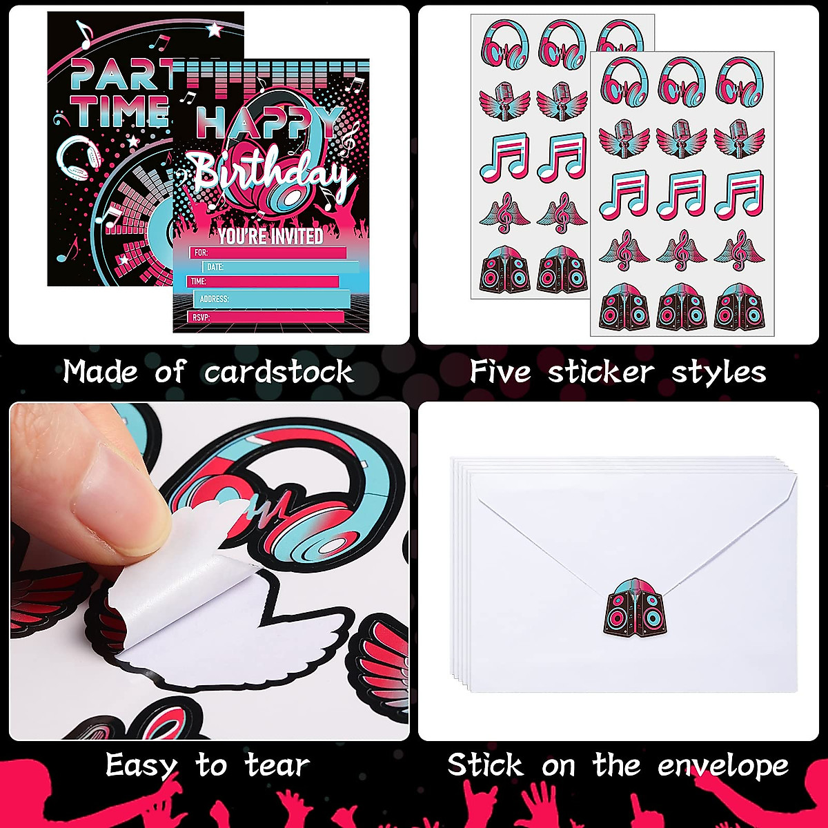 Pajean 30 Pack Music Birthday Party Invitations Dance Party Invite Cards with Envelopes Stickers Halloween Glow in the Dark Party Supplies Favors