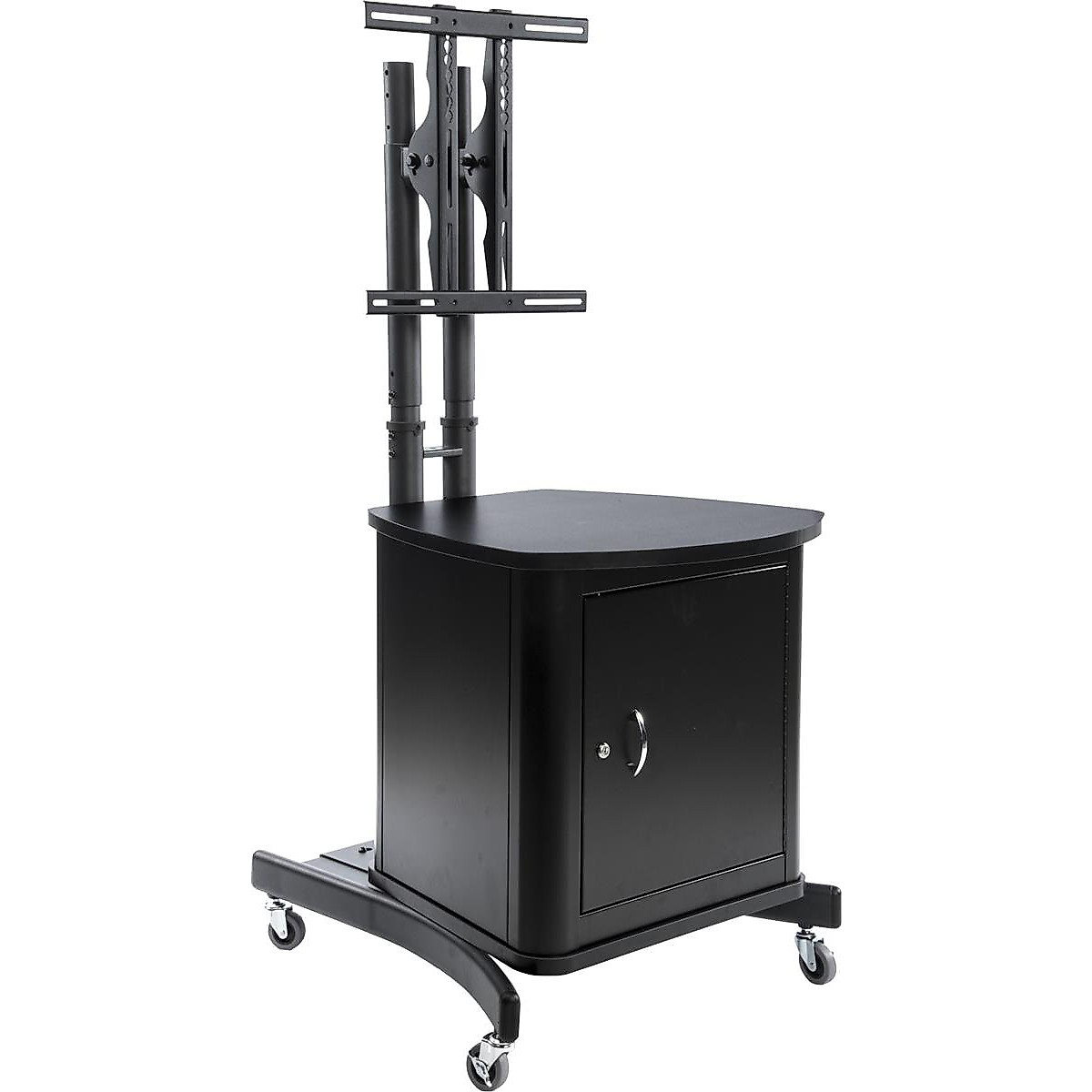 Displays2go TV Stand w/Locking Cabinet Fits Monitors 32”-65”, Collapsible w/Carry Case – Black (MBTVKDBKCRT)