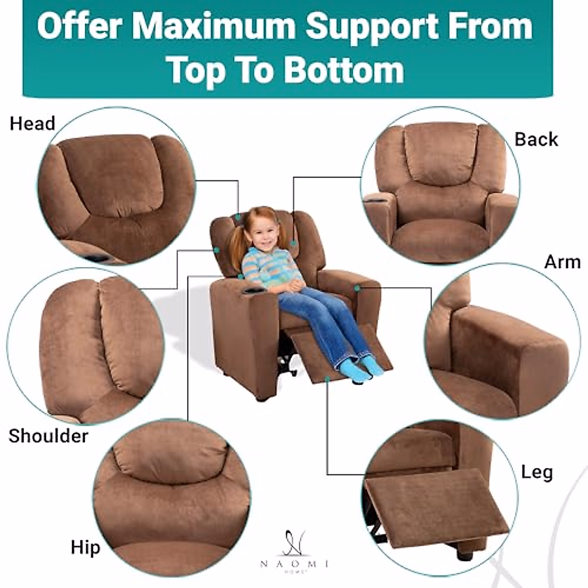 Naomi Home Suri Push Back Kids Recliner Chair with Footrest & Cup Holders, Push Back Toddler Recliner with Cup Holder, PVC Kids' Recliners for Age 3+, Kid Recliners for Girls Boys - Brown
