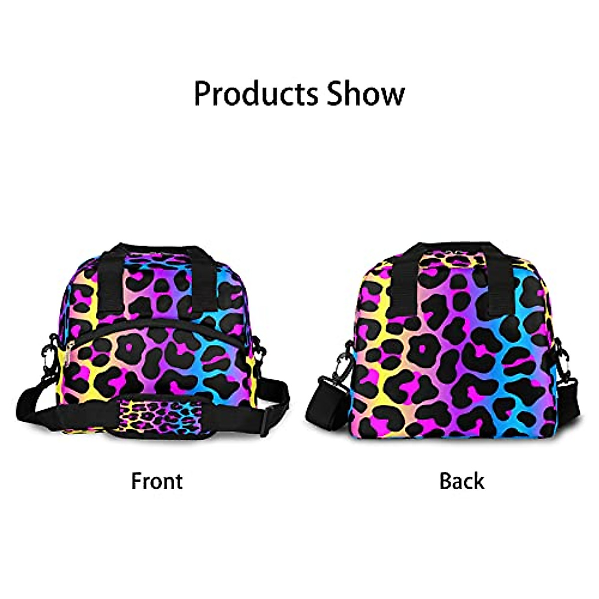 Leopard Raibow Fashion Insulated Lunch Bag Cheetah Colorful Skin Lunch Box for Women Girl with Shoulder Strap Tote Bag Reusable Large Containers Meal Prep for School Work Picnic Thermal Cooler Bag